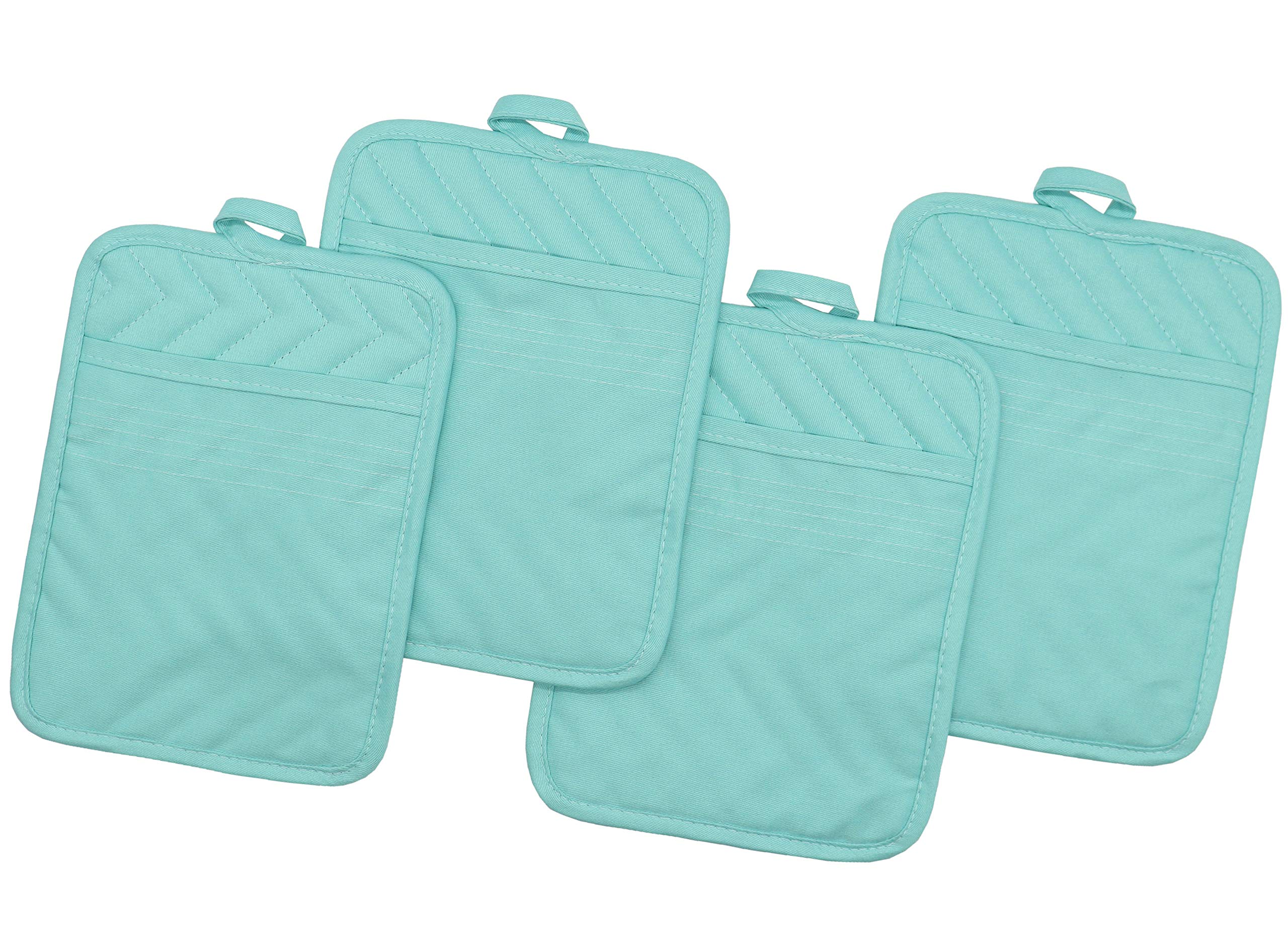 Cotton Pocket Pot Holder Kitchen Hot Pads Heat Resistant, Set of 4, Kitchen Basic Trivet for Cooking and Baking, 7âx 9â (Aqua)