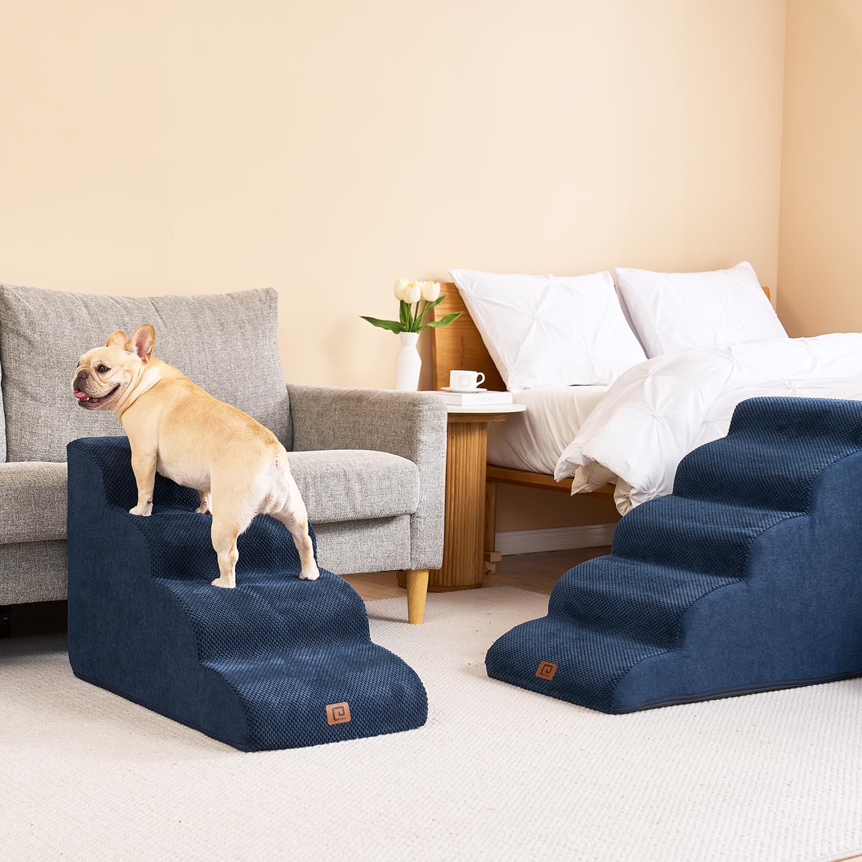 EHEYCIGA Curved Dog Stairs Ramp for High Beds 19.7" H, 4-Step Dog Steps for Small Dogs and Cats, Pet Stairs for High Bed Climbing, Non-Slip Balanced Pet Step Indoor, Navy