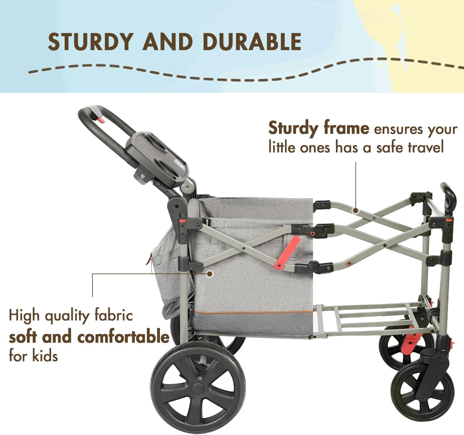Busy Bee Foldable Wagon Stroller for 2 Kids, Push Pull Collapsible Kids Wagon with Adjustable Handle Bar, Removable Canopy, 5-Point Harness, Shock-Absorbing Wheels, Grey