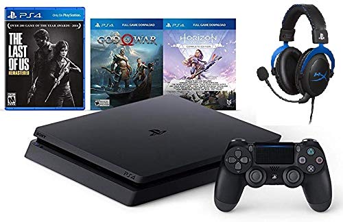 PlayStation 4 Slim 1TB Console + HyperX Cloud Licensed Gaming Noise Cancelling Headset Headphones + 3 Games (God of War, The Last of US, Horizon Zero Dawn) Bundle