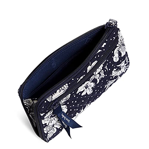 Vera Bradley Women's Cotton Collegiate Front Zip Wristlet With RFID Protection (Multiple Teams Available), University of Notre Dame Navy/White Rain Garden - Recycled Cotton, One Size