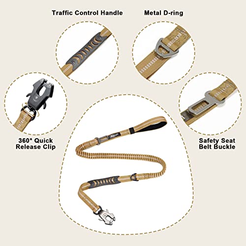 Raipult Heavy Duty Tactical Bungee Dog Leash, 4-6FT No Pull Dog Leash with Quick Release Carabiner, Reflective Shock Absorbing Leashes with Car Seatbelt for Medium Large Dogs,Khaki