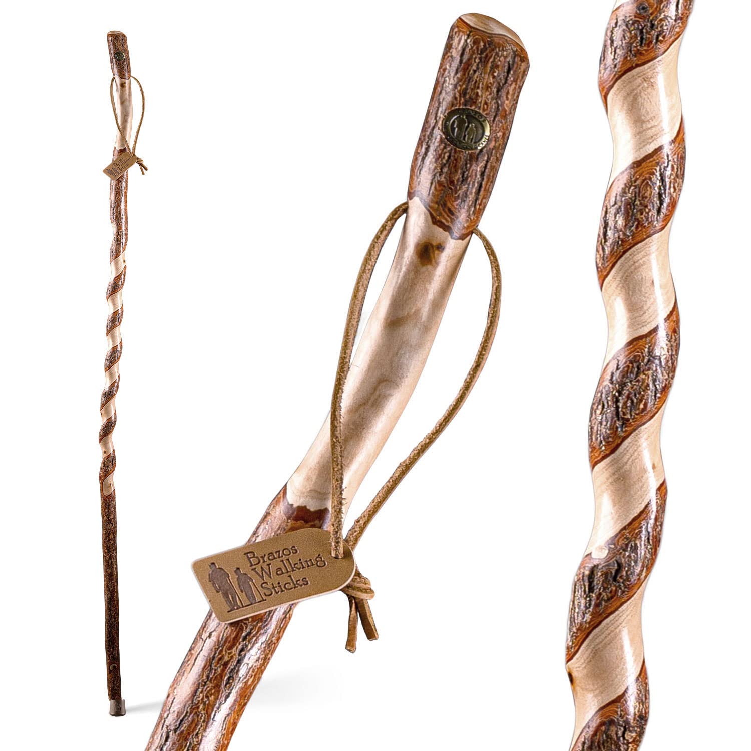 Brazos Rustic Wood Walking Stick, Twisted Sassafras, Traditional Style Handle, for Men & Women, Made in the USA, 48"