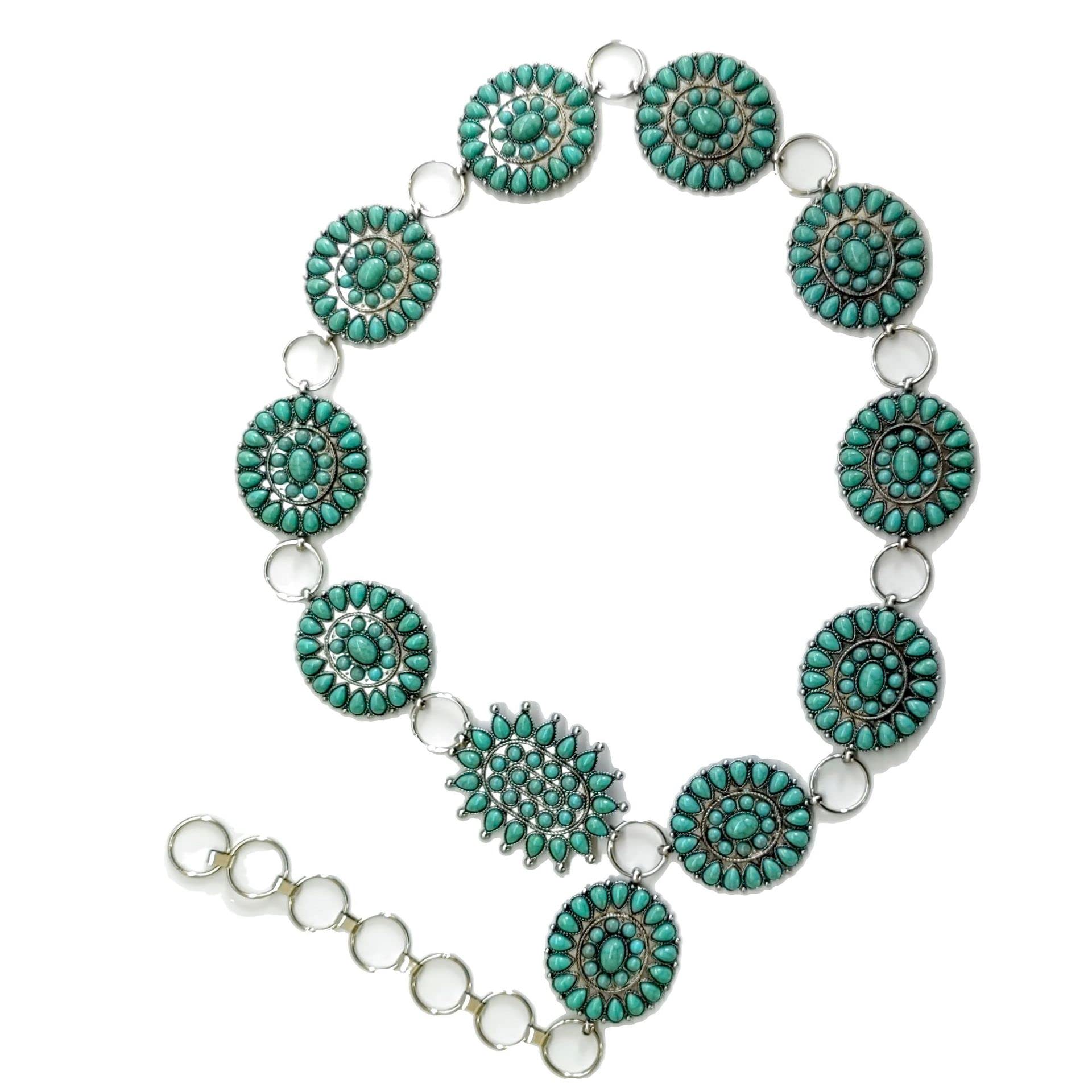 CNBOME Women's Western Cowgirl Turquoise Stone Concho Metal Chain Belt 4 sizes S/M/L/XL (Jade, Large)
