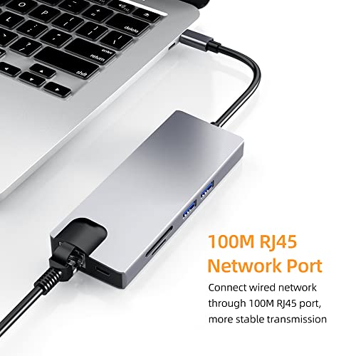 ERYUE 8-in-1 Type-C Hub USB-C Converter Aluminum Alloy Shell 2*USB3.0+1*PD+1*HD+1*VGA+1*100M RJ45 Port+SD/TF Card Slots