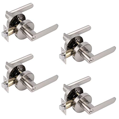 Knobonly Keyed Alike/Combo Keys Entry Door Knobs Lock Set, Modern Heavy Duty Front/Commercial Door Handleset, Satin Nickel Stainless Steel Doorknob Handle 4 Pack
