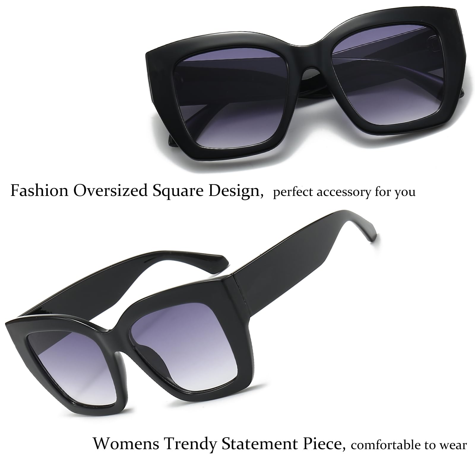BRMHDY Oversized Square Sunglasses for Women Thick Fashion Big Frame Sunnies Trendy UV400 Black Shades (Black/Grey Gradient), MM