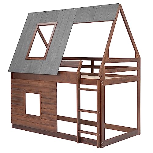 Merax Twin Over Twin Bunk Bed Wood Frame with Roof, Ladder and 2 Windows for Kids Teens Girls Boys,Oak & Smoky Grey