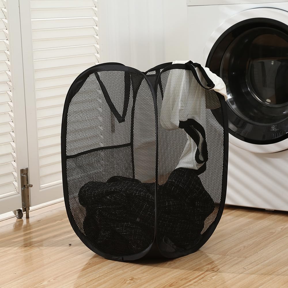 Clasoul pop up hamper with a handle, portable foldable laundry basket. The mesh laundry basket is breathable and moisture-proof, and the large capacity pop up laundry is suitable for home(black)