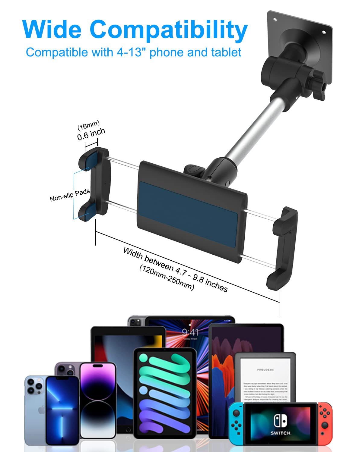 Drill Base Tablet Mount Car Dashboard, Aozcu Heavy Duty Truck Dash iPad Holder with Strong Aluminum Arm, Commercial Vehicles Tablet Stand for iPad Pro Air Mini,Galaxy Tabs, iPhone, All 4-12.9" Tablets