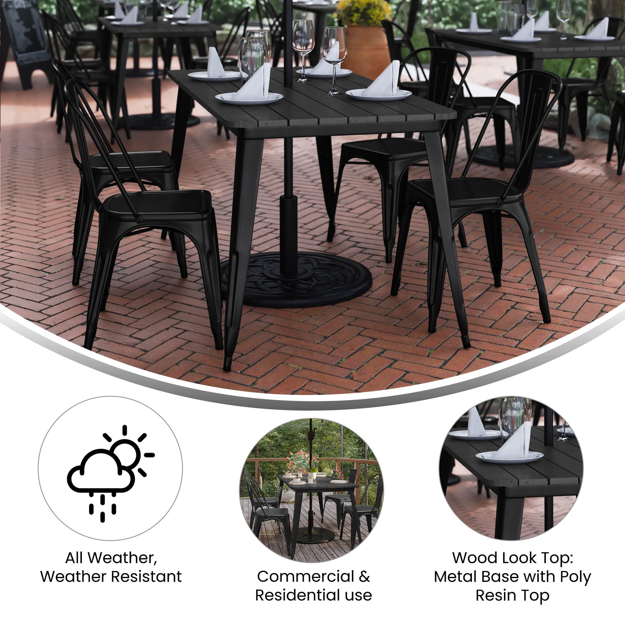 Flash Furniture Declan Commercial Outdoor Dining Table with Umbrella Hole, All Weather Poly Resin Top and Steel Base, 30" x 60", Black/Black