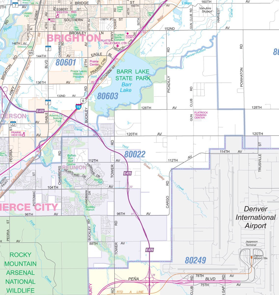 Metro Denver CO Detailed Region Wall Map w/Zip Codes *Laminated* 36"x52"