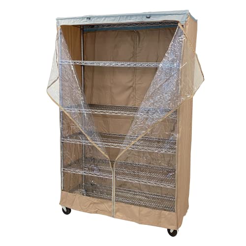 Formosa Covers | Storage Shelving Unit Cover for Metal Wire Utility Racks in Garage, Home, Kitchen, or Office Organization Khaki and Clear PVC Viewing Panel and Blue Trim (60" W x 24" D x 72" H)