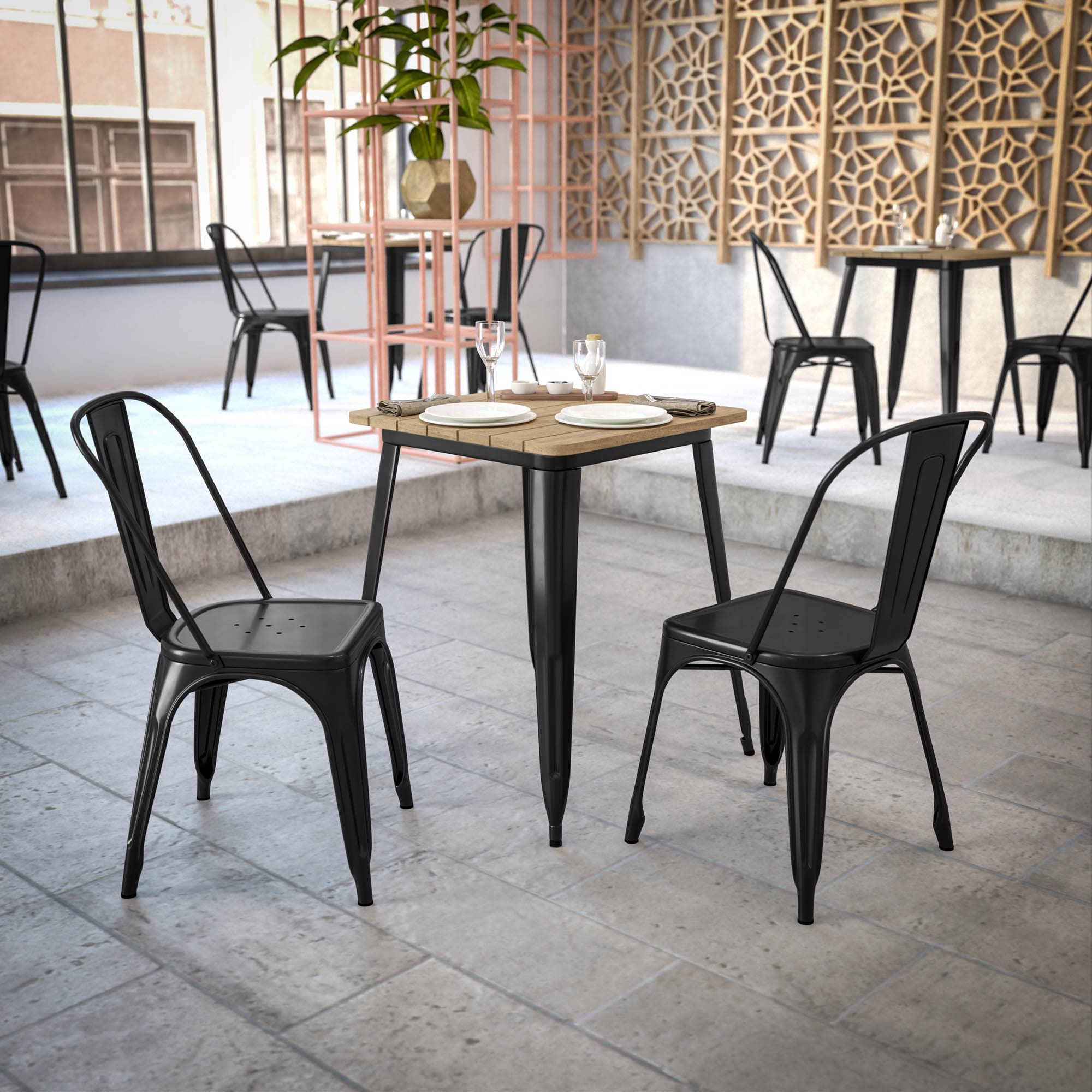 Flash Furniture Declan Commercial Outdoor Dining Table, All Weather Poly Resin Top with Steel Base, 23.75" Square, Brown/Black
