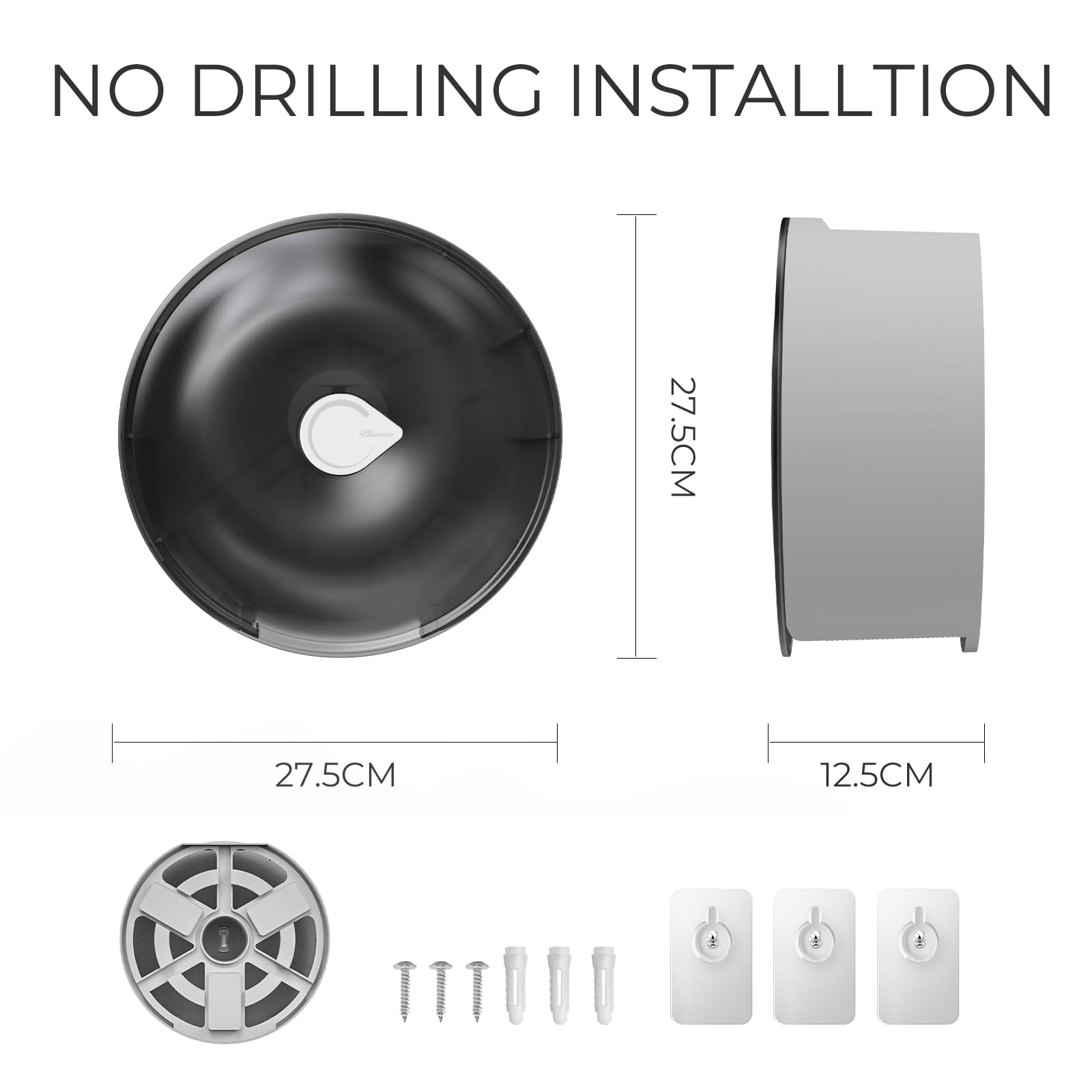 PLUSSEN Toilet Tissue Dispenser Wall Mount, Adhesive No Drilling Jumbo Roll Toilet Paper Towel Dispenser, 9 Inch Single Roll Toilet Paper Dispenser Key Lock, ABS Plastic, Black-PN51023