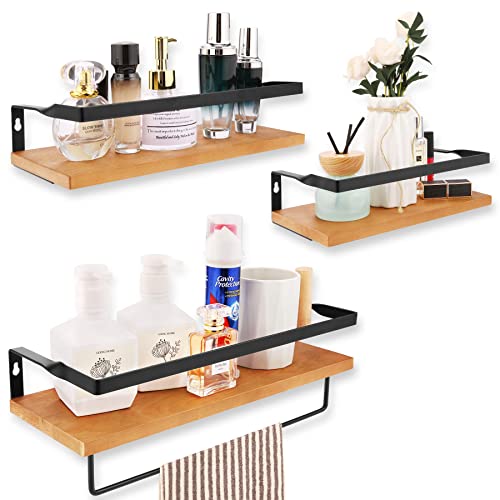 SARORRA Floating Shelves Set of 3, Bathroom Shelf with Towel Bar, Wall Mounted Rustic Wood Decor Shelves for Books, Wall Shelf with Metal Frame for Bedroom, Office, Kitchen