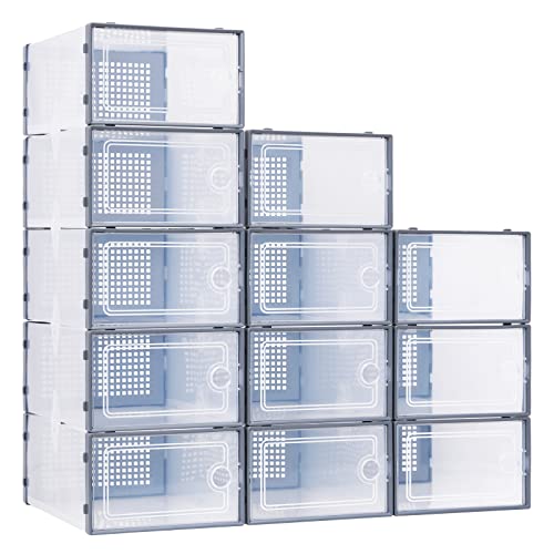 MecTo Shoe Organizer 12 Pack Clear Plastic Shoe Storage Foldable Stackable Closet Shoe Organizer Front Opening Shoe Storage Boxes Space Saving Sneaker Shoe Organizer for Closet Bedroom Multi-use
