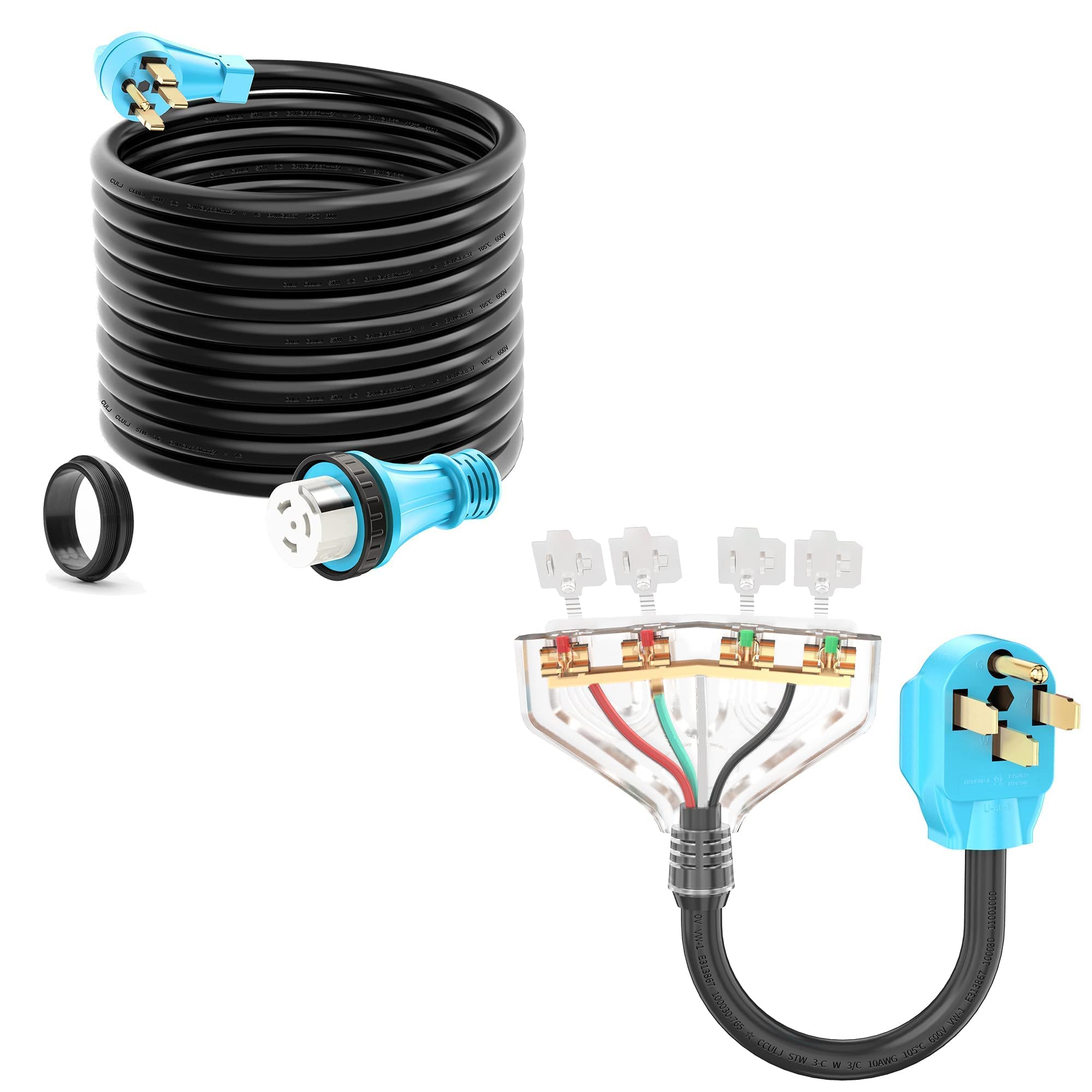 CircleCord 50 Amp 50 Feet RV/Generator Cord with Locking Connector and 50 Amp to 110V RV Distribution Adapter Cord