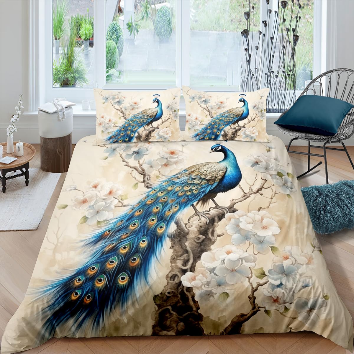 CCoutueChen Blue Gold Birds Floral Bedding Set for Women Watercolor Peacock Duvet Cover King Elegant Peacock Feather Decor Microfiber Comforter Cover with Zipper Closure Corner Ties