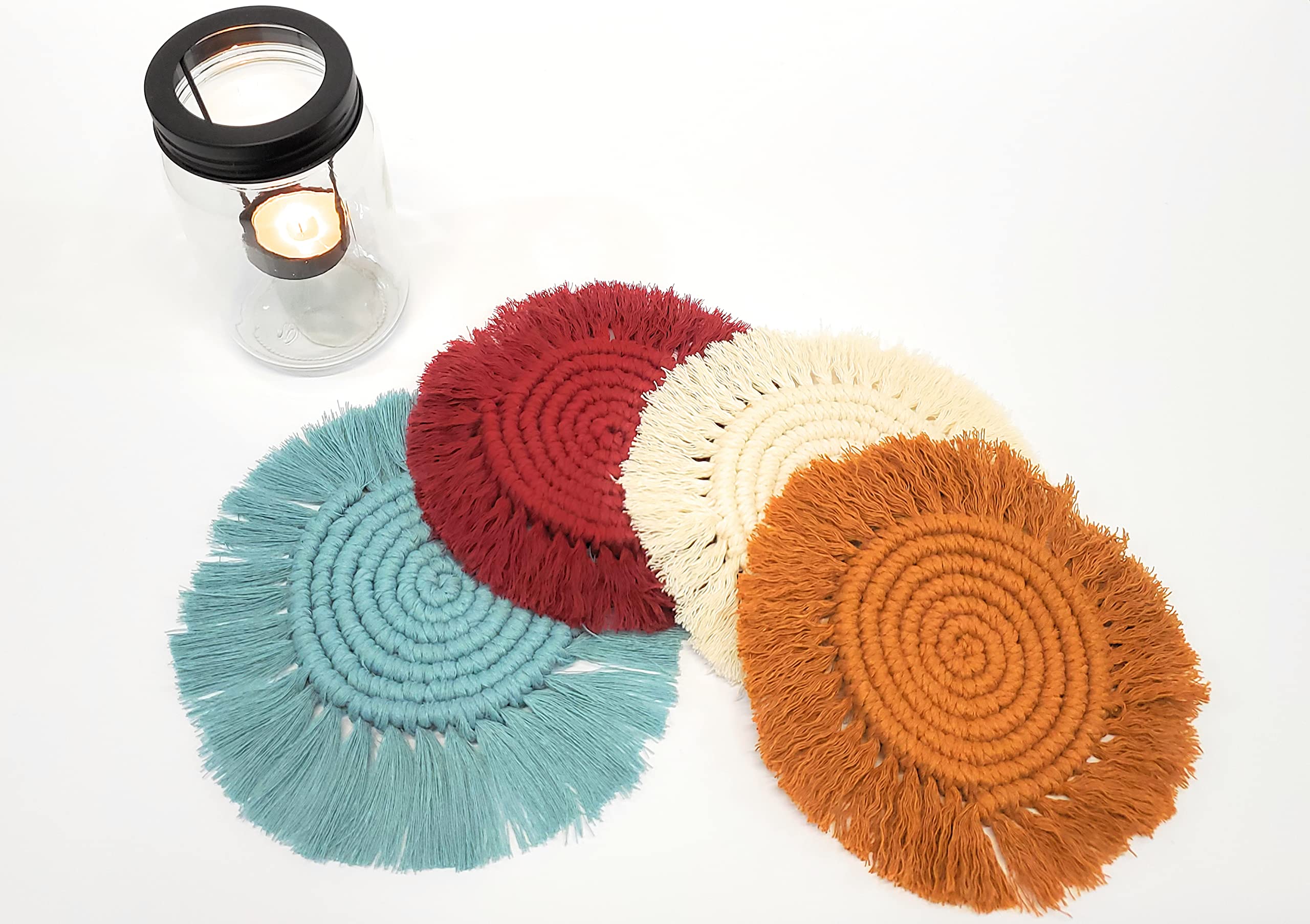Saurya 100% Cotton Hand Knitted Bohemian Macrame Coasters for Table, Desk, Wall, Garden | Set of 2 | Moisture Absorbent | Protects Surface from Stains | Great for Gifting (Ivory)