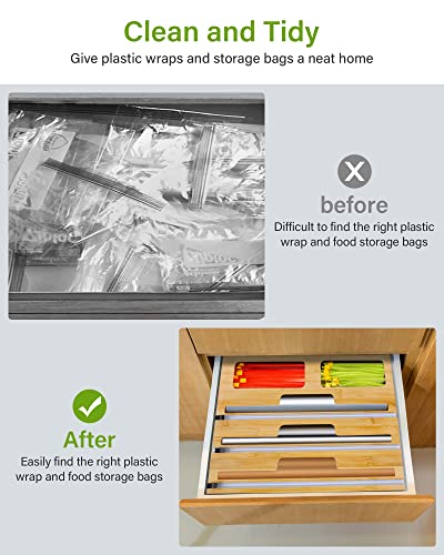 KOCWELL Bag Storage Organizer and Plastic Wrap Dispenser with Cutters, 2 Foil and Plastic Wrap Organizer, 4 Ziplock Bag Holder for Gallon, Quart, Sandwich Snack Variety Size Bags, Bamboo