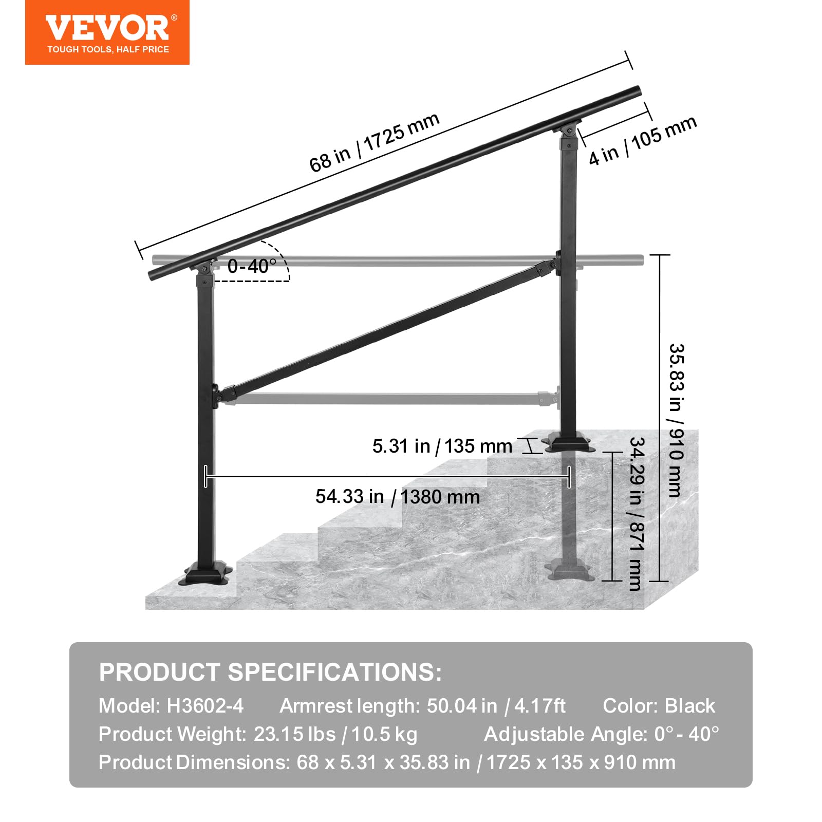 VEVOR Handrail for Outdoor Steps, 4-5 Steps Outdoor Handrail, Adjustable Metal Staircase Handrail, Thickened Stair Railings for Porch Railing, Deck Handrail