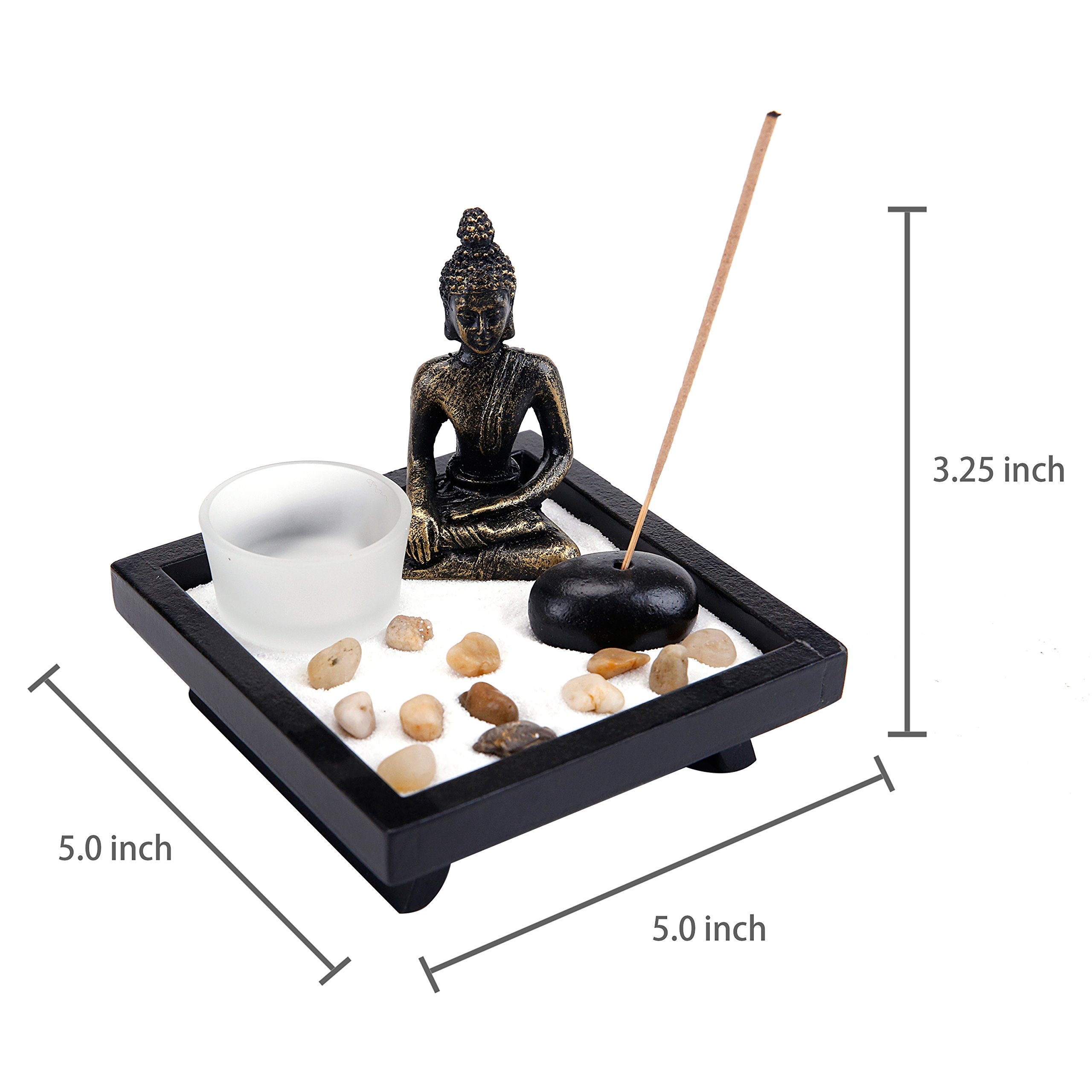 MyGift Mini Meditation Zen Rock Garden Table Decor Kit with Buddha Statue, Incense, Sand, Tealight Candle Holder and Wood Tray