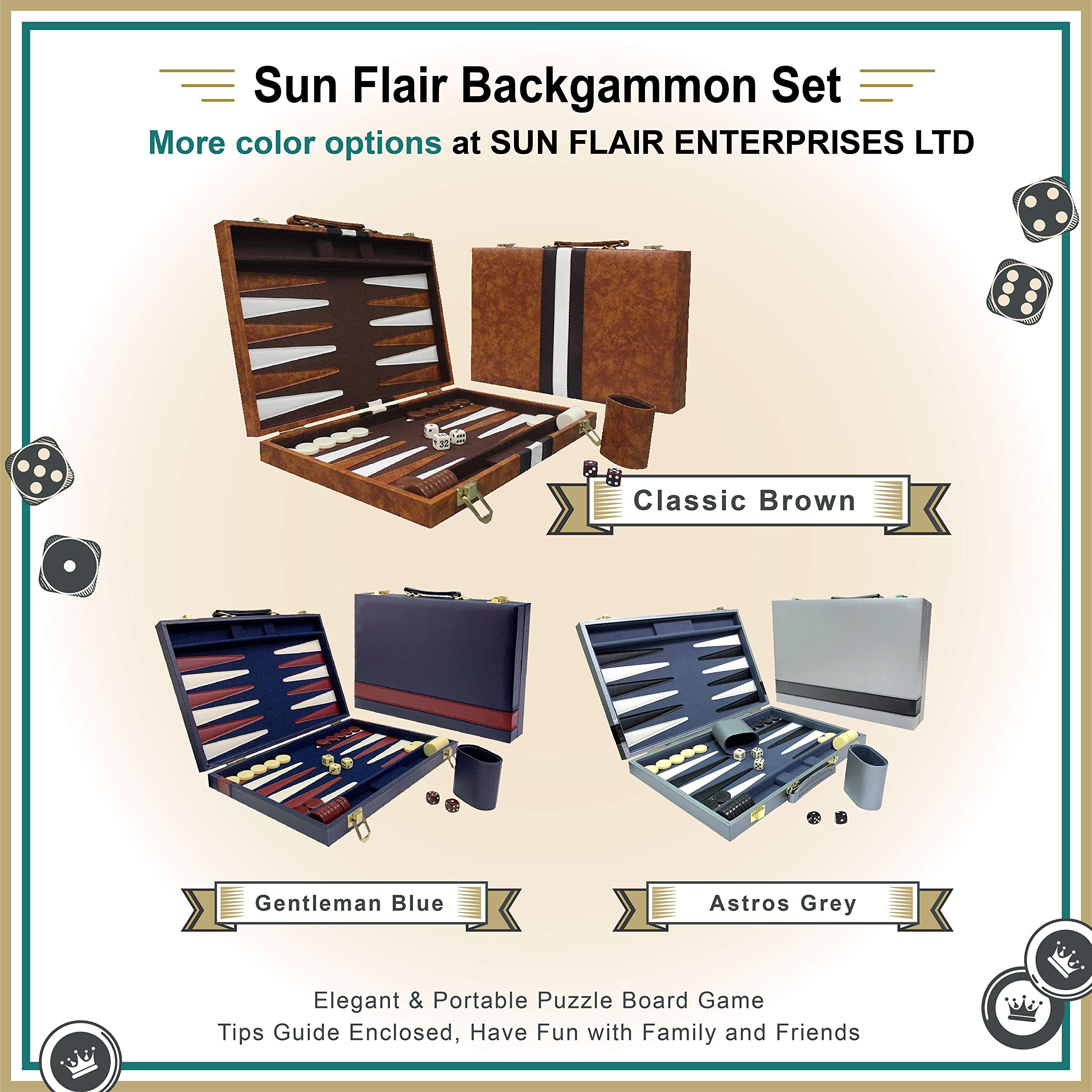 Sun Flair Backgammon Sets for Adults Kids 15 Inch, Folding Classic Board Game with Premium Leatherette Case, Smart Tactics, Best Strategy, Tip Guide Enclosed, Blue and Burgundy, 136M-4