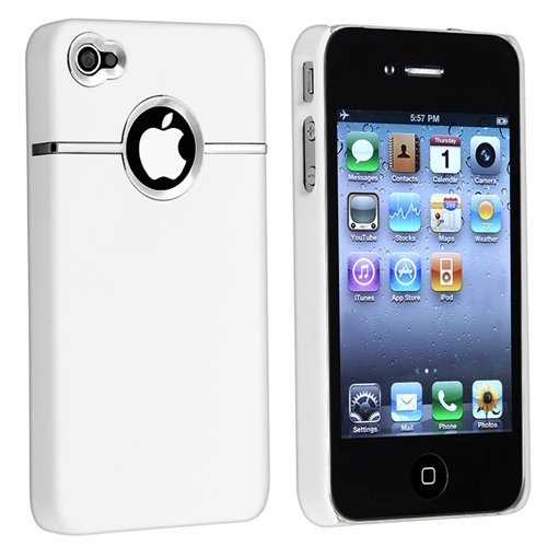 Worldshopping New Deluxe W/chrome Rubberized Snap-on Hard Skin Back Cover Case for AT&T Verizon Sprint Apple iPhone 4 4S 4G- White