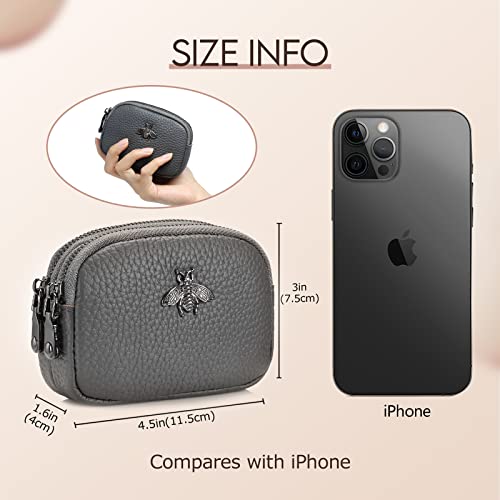 imeetu Women Leather Coin Purse, Small 2 Zippered Change Pouch Wallet(Grey)
