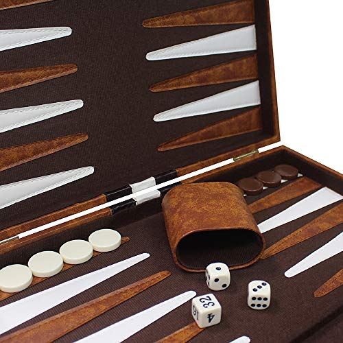Sun Flair Backgammon Set - 15 Inch Backgammon Sets for Adults, Folding Classic Board Game with Premium Leather Case, Best Strategy and Tip Guide Enclosed (Brown, Medium)