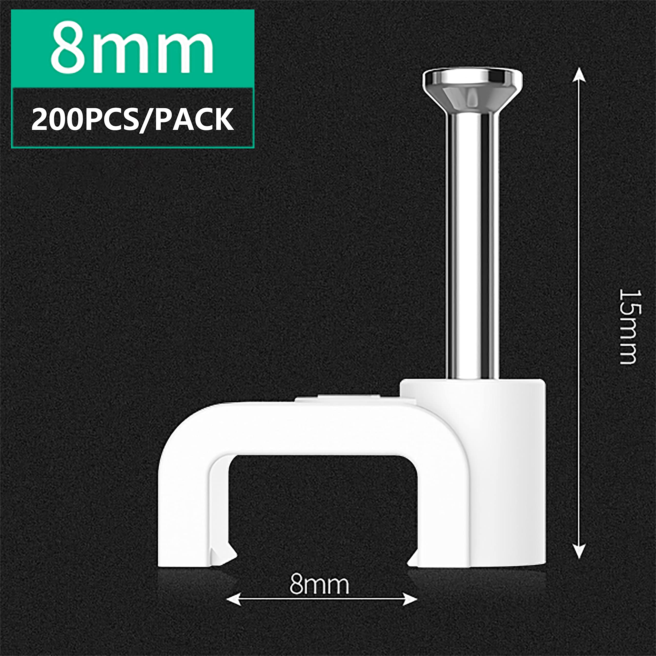 Ethernet Cable Clips 200pcs 8mm White Single Coaxial Cable Clamps with Nail for CAT5, CAT6, CAT7 Flat Wire