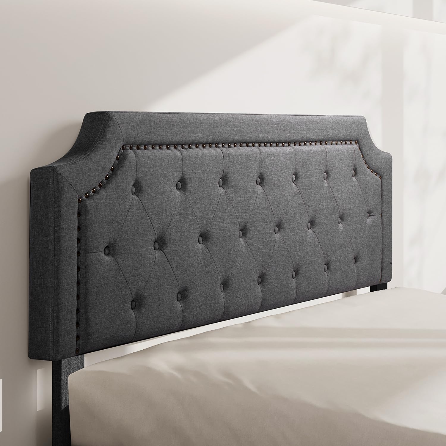 BONSOIR Full Size Bed Frame Upholstered Low Profile Traditional Platform with Tufted and Nail Headboard Linen Fabric Upholstery/Color of Sand (Sand, Full Size)