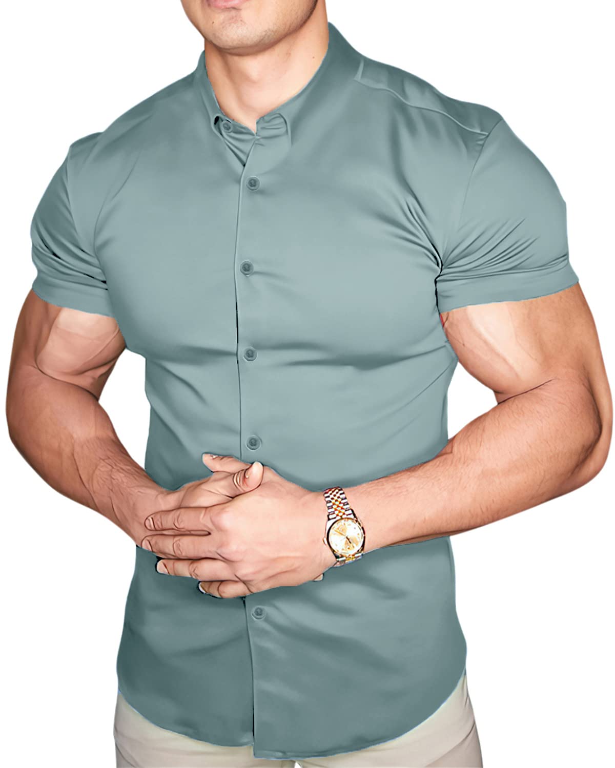 Casual Men's Muscle Fit Dress Shirts Short Sleeve Athletic Fit Button Down Shirts Light Green L