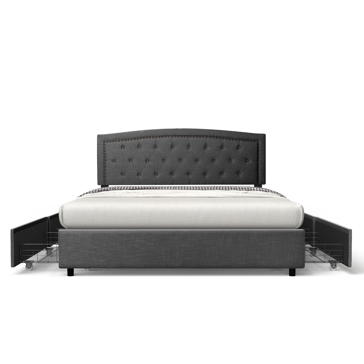 BONSOIR Queen Size Dark Grey Storage Bed Frame Upholstered Low Profile Traditional Platform with Tufted and Nail Headboard
