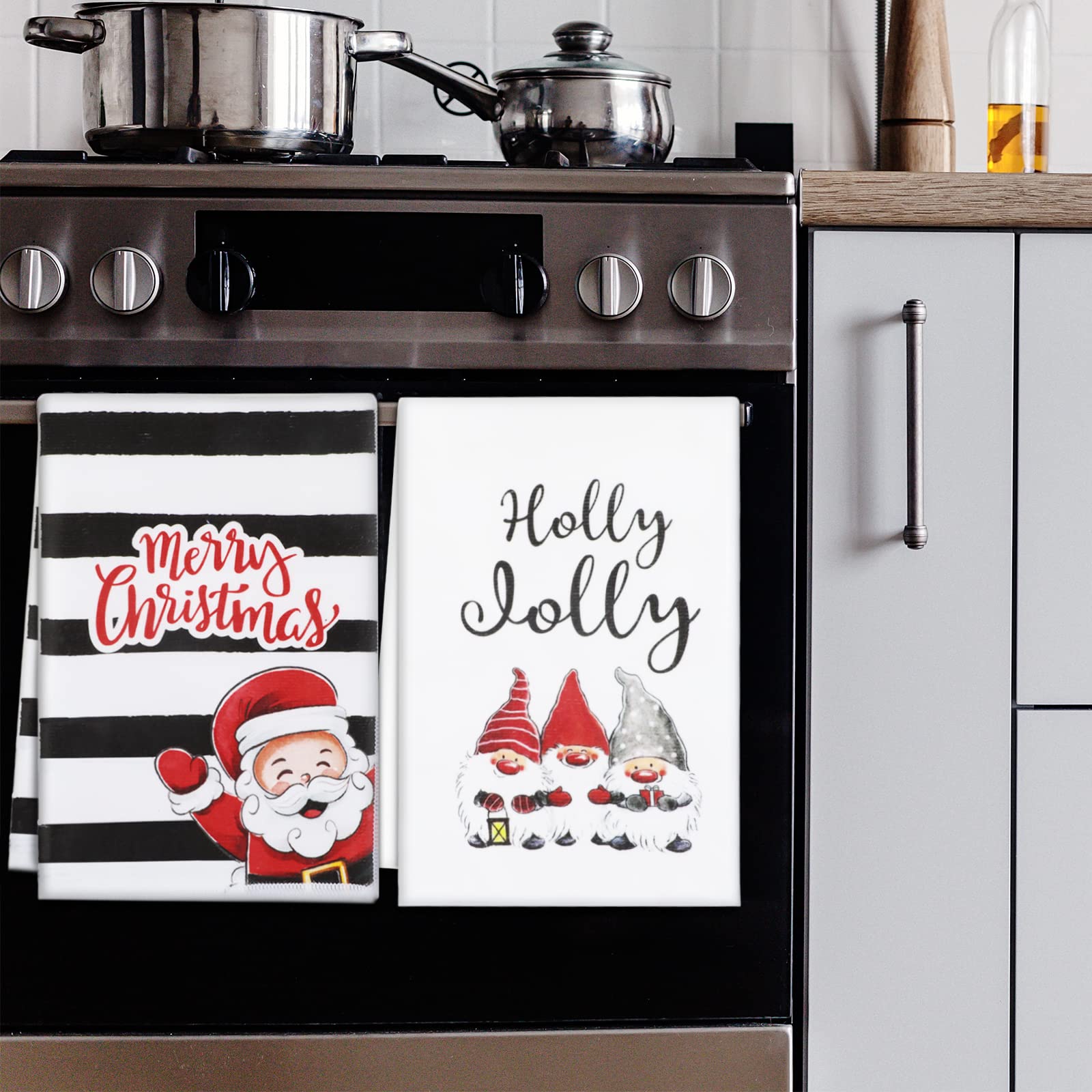 Christmas Kitchen Towels Black White Stripe Hand Towels Xmas Absorbent Dishcloths Winter Holiday Kitchen Decor Snowman Santa Dish Tea Towels Merry Bright Tea Towel for Home Kitchen Supplies 4PCS
