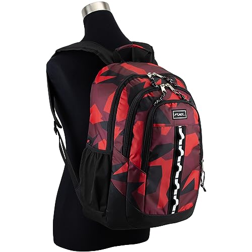 FUEL Large Multipocket Unisex Backpack with Water Resistant Bottom for Class, Travel, and Outdoors - Red Camouflage