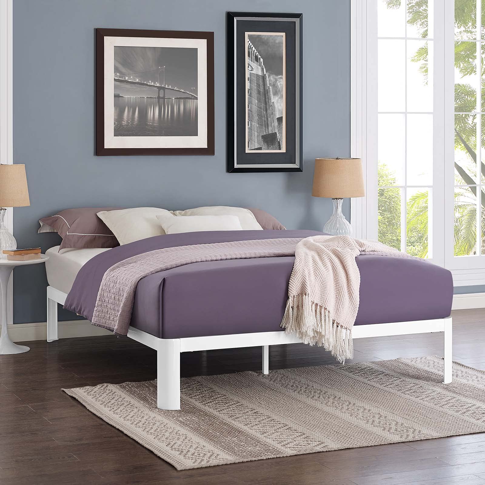 Modway Corinne Steel Modern Mattress Foundation Queen Bed Frame with Wood Slat Support in White