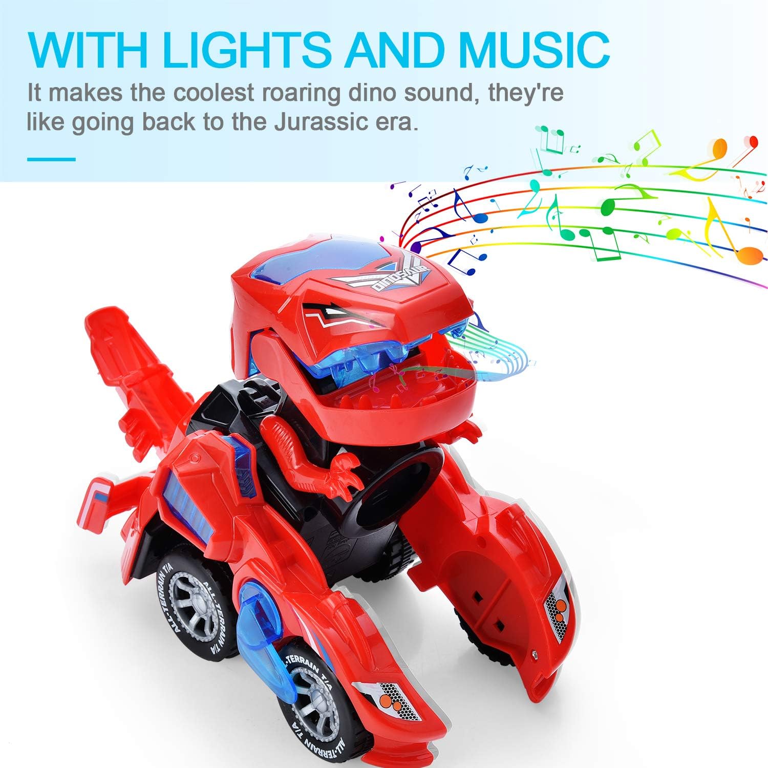 Sunnhan Transforming Toys, 2 in 1 Transforming Dinosaur LED Car Dinosaur Transform Car Toy Automatic Dinosaur Dino Transformer Toy Car Lamps for Kids,Toddlers ( Ages 3-12, Red)