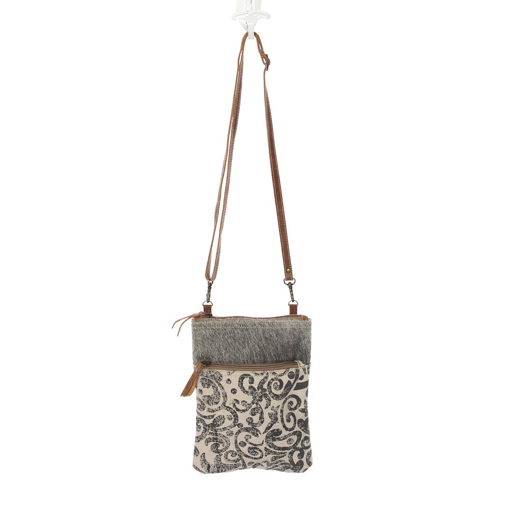 Myra Bag Leaf Swirls Cowhide & Upcycled Canvas Crossbody Bag S-1155