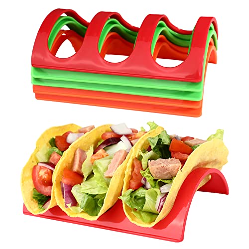 Koluti Colorful Taco Holder Stand Set of 6, Hard and Sturdy Taco Shell Plates Tray Style Rack, Each Hold 3 Tacos, BPA Free Food Grade Plastic Material, Microwave & Dishwasher Safe, (Red Orange Green)
