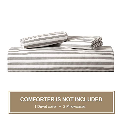 JELLYMONI 100% Natural Cotton 3pcs Striped Duvet Cover Sets with Zipper Closure & Corner Ties, White Comforter Cover with Grey Stripes Pattern Printed (Full Size)