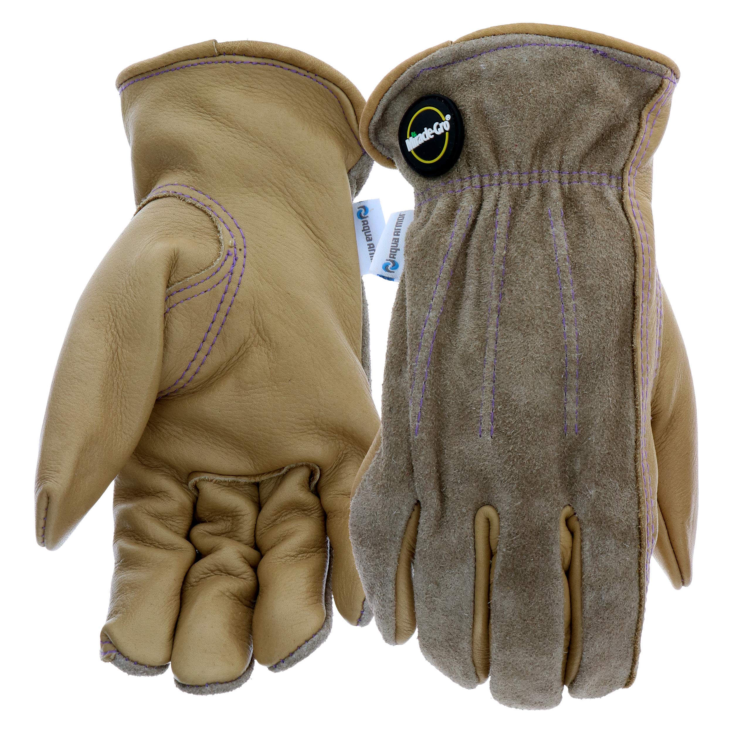 Miracle-Gro MG86006 Aqua Armor Cow Grain Palm Gloves - [1 Pair, Small/Medium] Women Gloves with Shirred Elastic