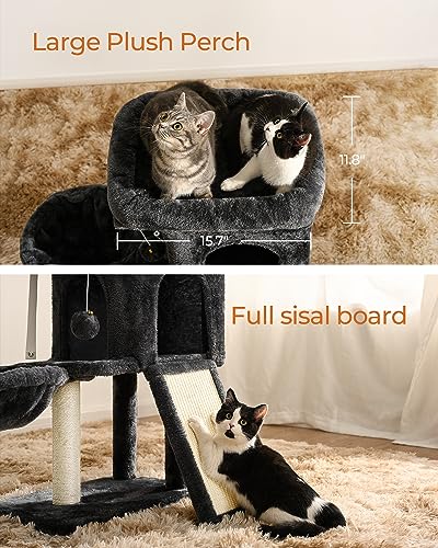 FourFurPets Cat Tree, 27in Cat Tower, Cat Condo for Kittens, Large Cat Perch, Cat Caves, Cat Basket, Sisal Scratching Board, Smoky Gray