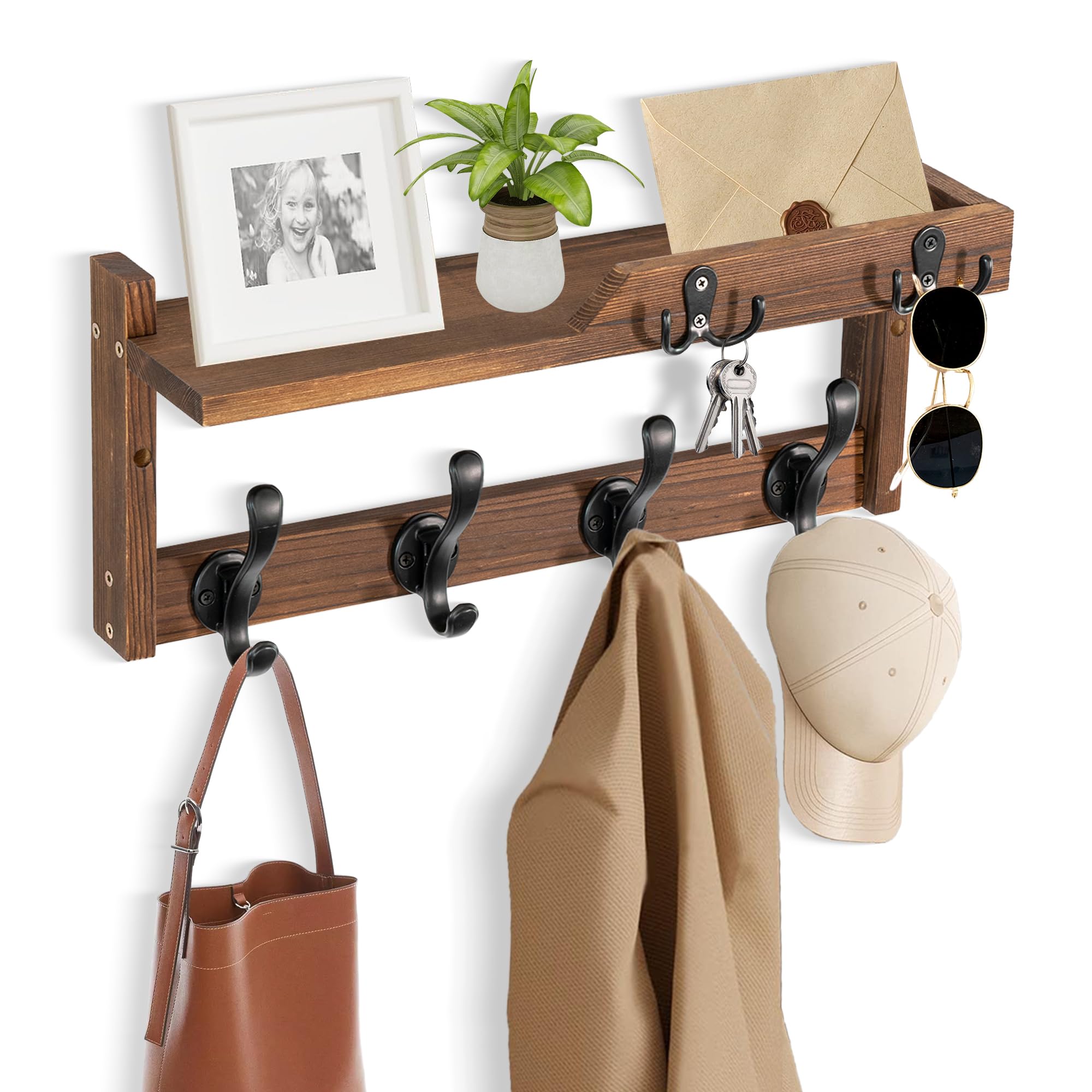 Coat Rack Wall Mount with Shelf, Coat Hanger Wall Mount with Key Hooks and Mail Holder, Wood Entryway Wall Floating Shelf with Hooks and Storage, Hat Rack for Wall Key Holder Mail Organizer