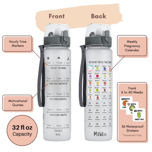 Mewl Pregnancy Water Bottle Tracker with Straw (BPA Free) - Weekly Pregnancy Milestone Stickers & Motivational Water Bottle with Time Marker - Pregnancy Must Haves & First Time Mom Gift