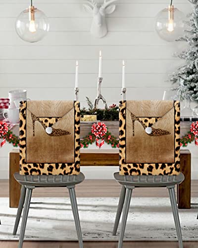 Leopard Print Christmas Chair Covers Santa Claus Hat Dining Chair Slipcover Xmas Chair Back Covers Set of 8 Banquet Party Holiday Festival Hotel Wedding Decor, Brown Animal Texture High Heels
