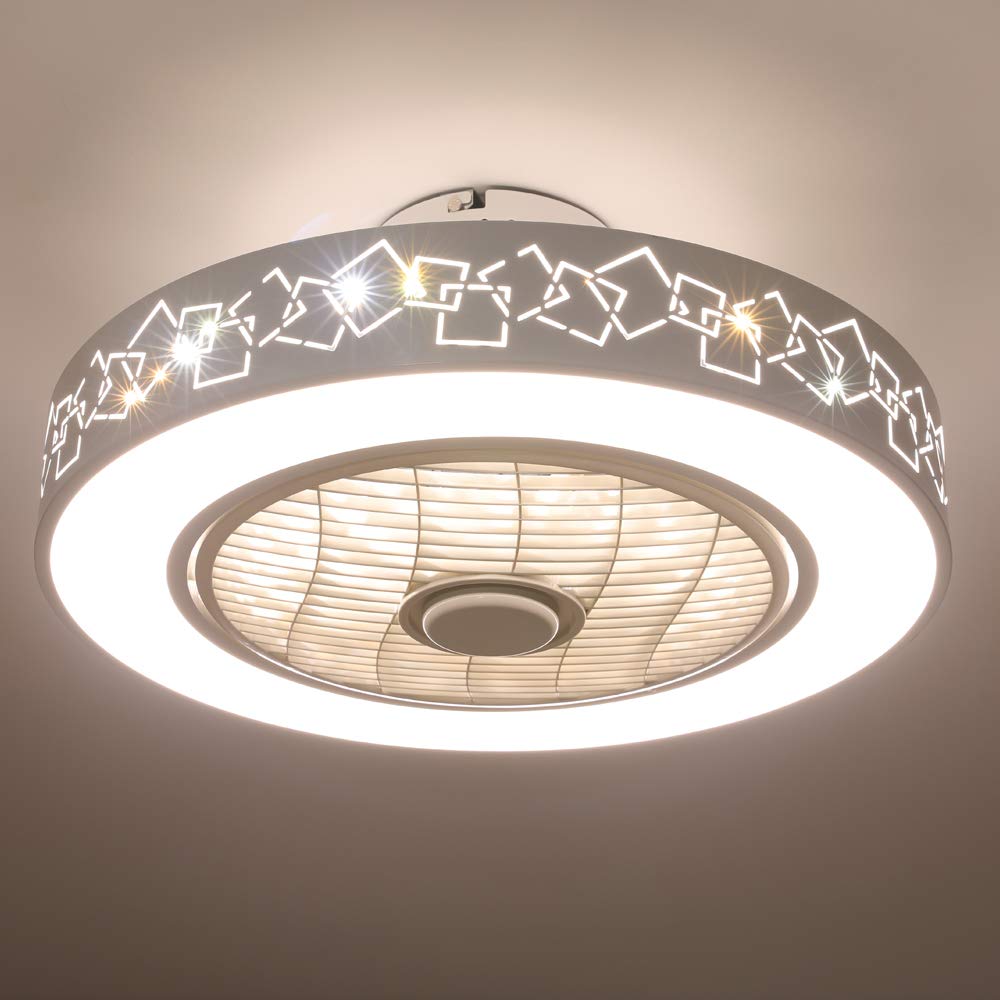 Ceiling Fan Light, Enclosed Round LED Dimmable Ceiling Lighting Fan with Invisible Blades,Semi Flush Mount Low Profile Fan W/Remote Control for Bedroom Office Living Room Children's Room 110V