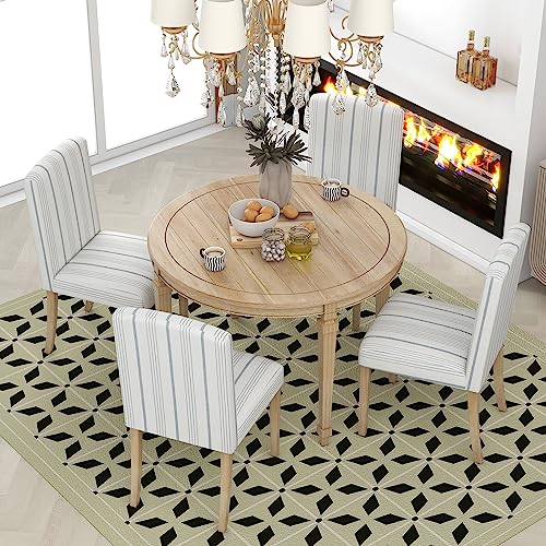 Merax Round Dining Room Table and Chairs Set of 4 Farmhouse Rustic Round Dining Table Set 5 Piece Wood Kitchen Table and 4 Upholstered Chairs with Striped Fabric for Dining Room