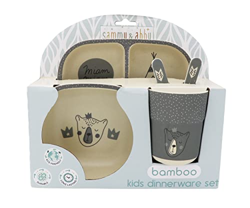 Kids 5 piece Dinnerware Set - Bamboo Toddler Dinner Set - Dishwasher Safe - The Perfect Childrens Dining Set With A Bowl, Plate, Cup And Utensils- Divided Plate Which Is Great For Fussy Eaters